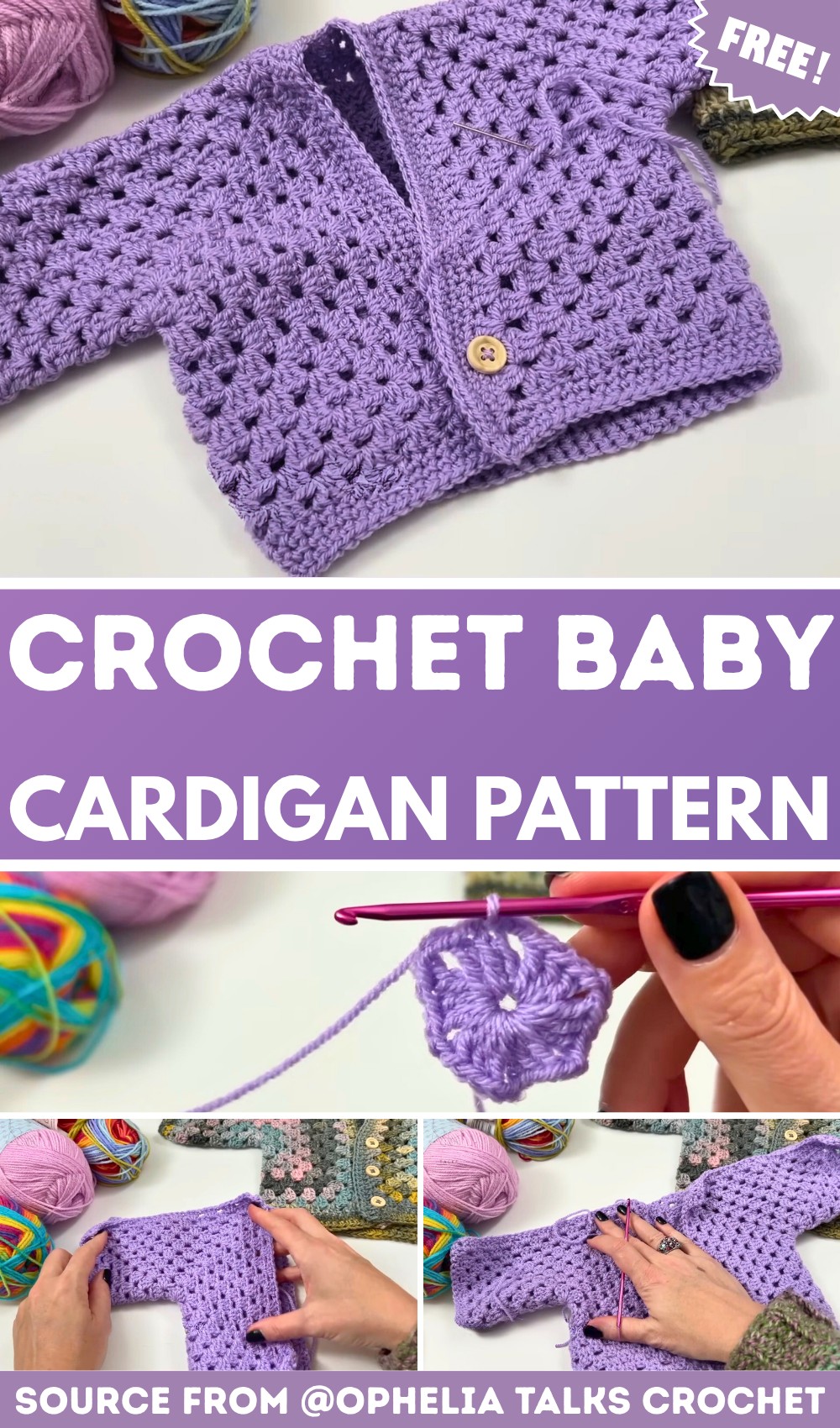 Crochet Baby Cardigan - Lavender Comfort with Textured Stitch - Yarn Items